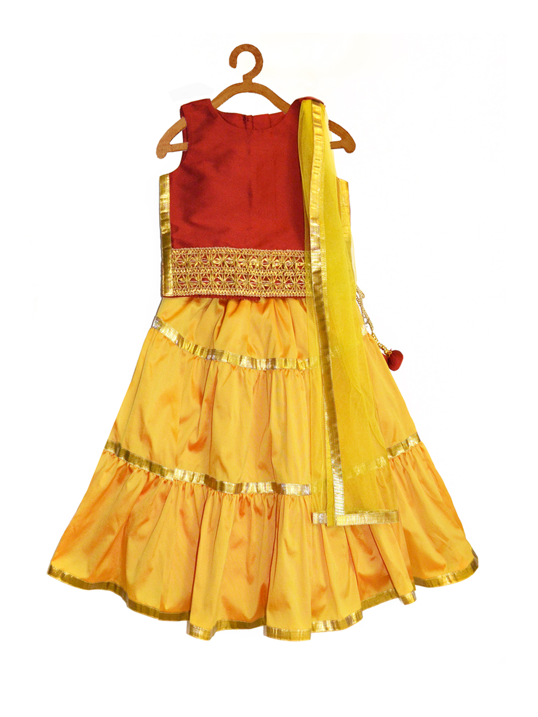 Maroon-Amber Gota Lace Tiered Three Piece Lehenga Set - A.T.U.N.