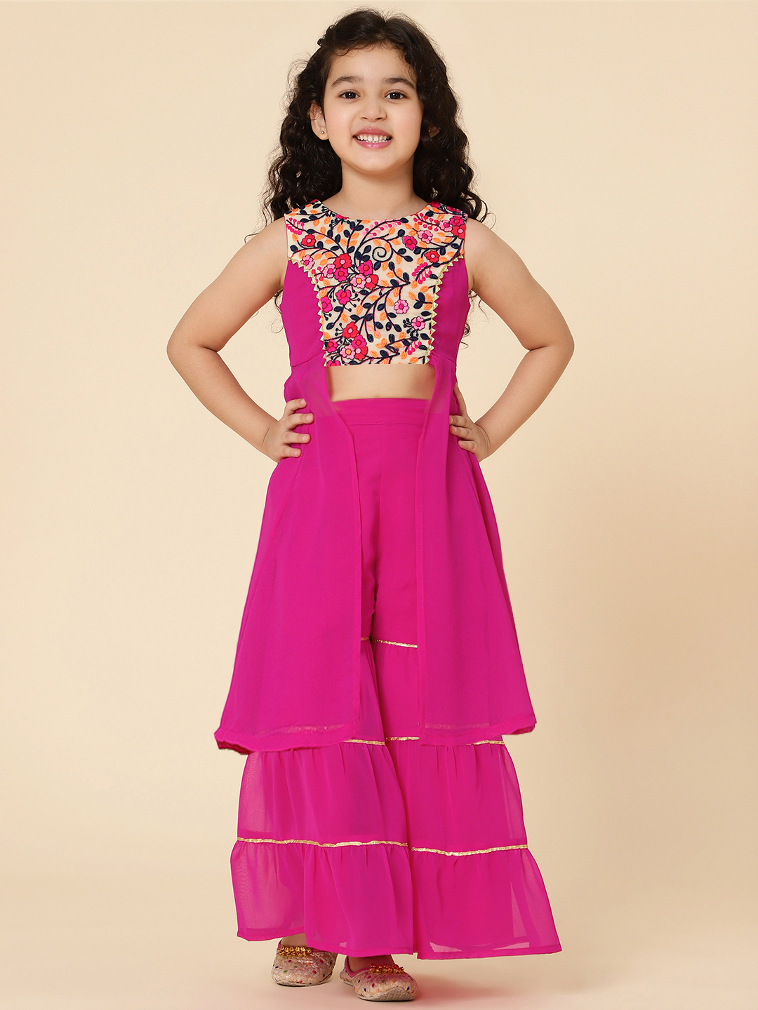Fuchsia Girls Embroidered Sharara Set Atun