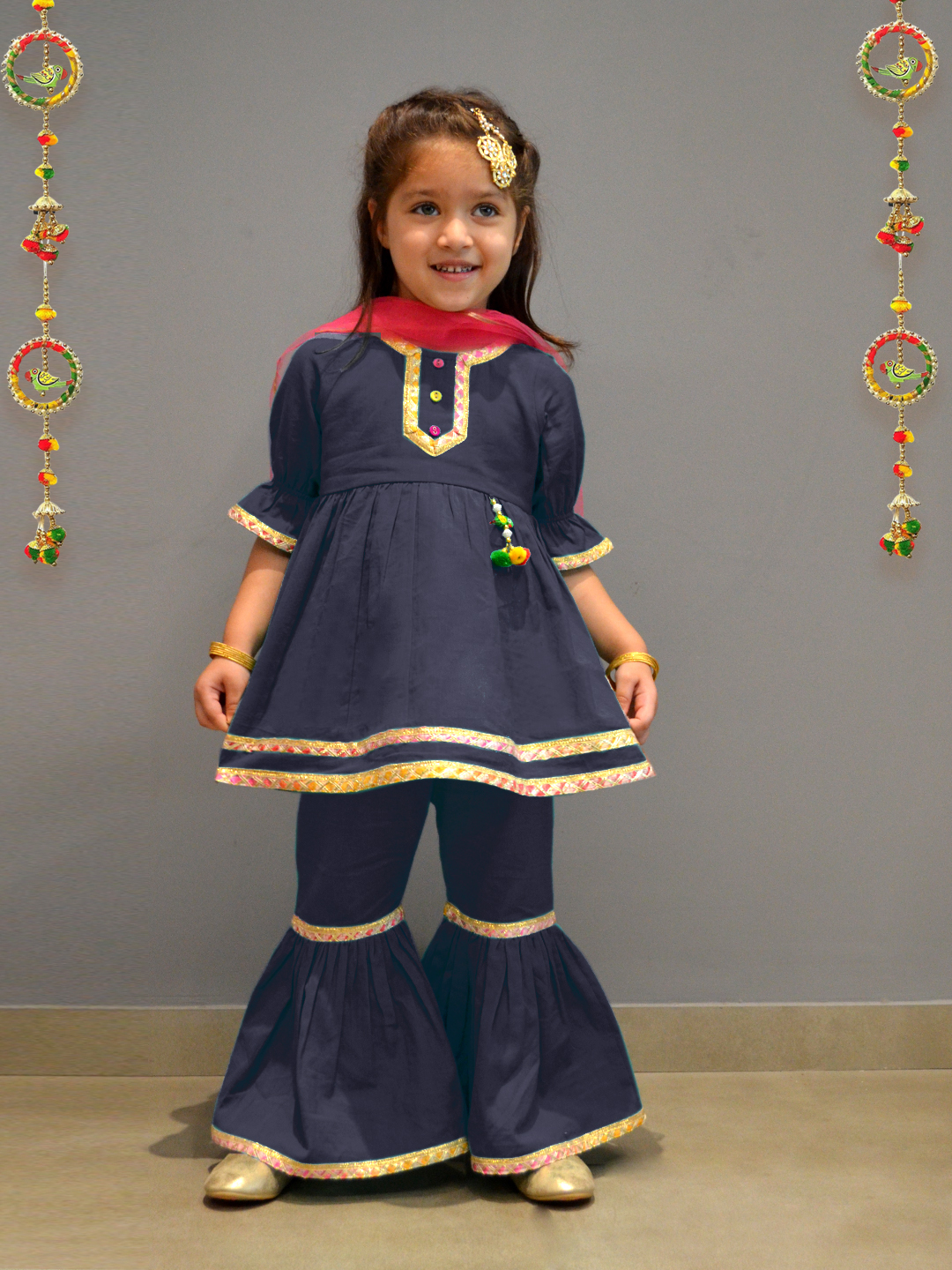 A.T.U.N. Girl's Navy Linen Sharara Set - A.T.U.N.
